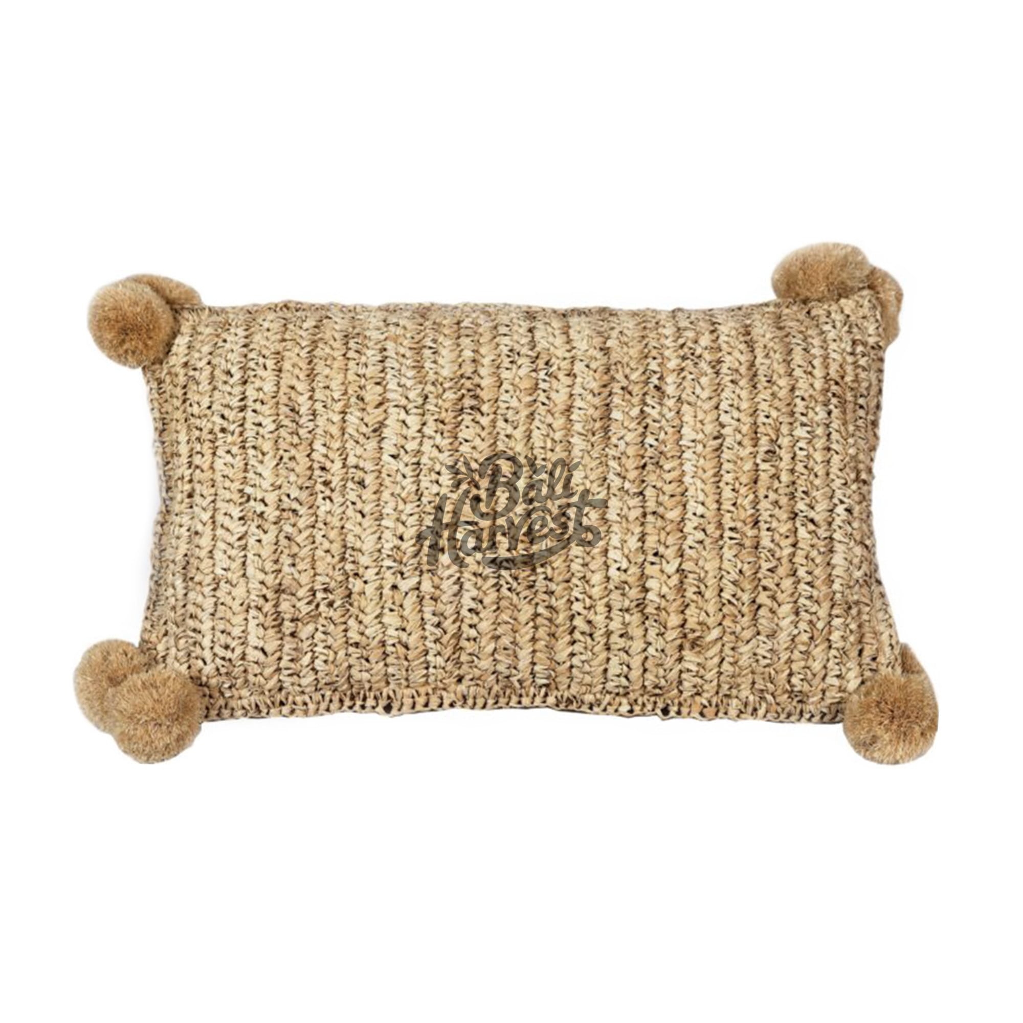 Straw Raffia Cushion Cover with Pompom (Rectangle) – Bali Harvest